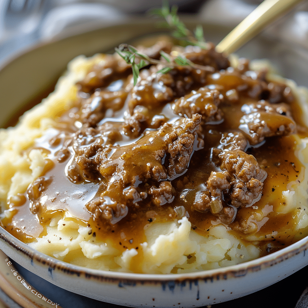 Ground Beef and Gravy Over Mashed Potatoes