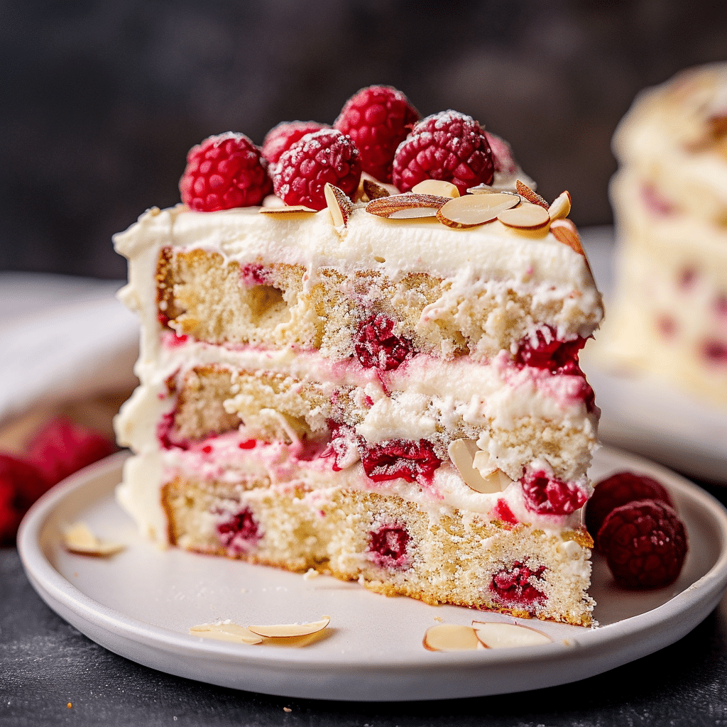 White Chocolate Almond Raspberry Cake