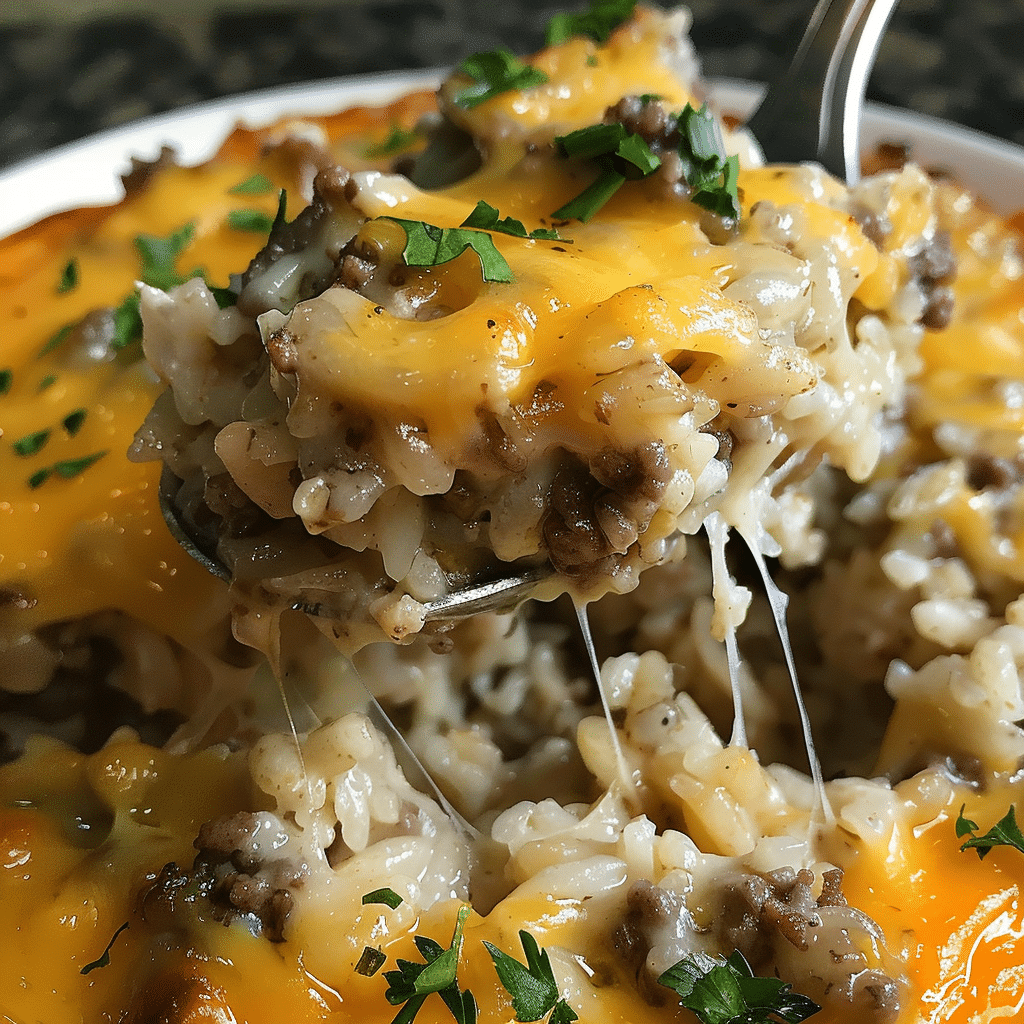CHEESY GROUND BEEF RICE CASSEROLE