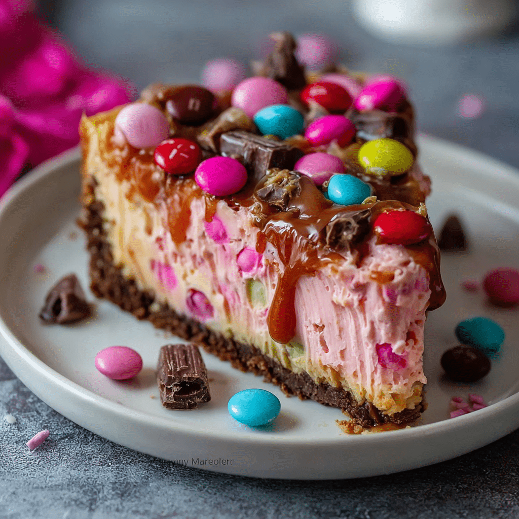 Pink M&M Snickers Cheesecake