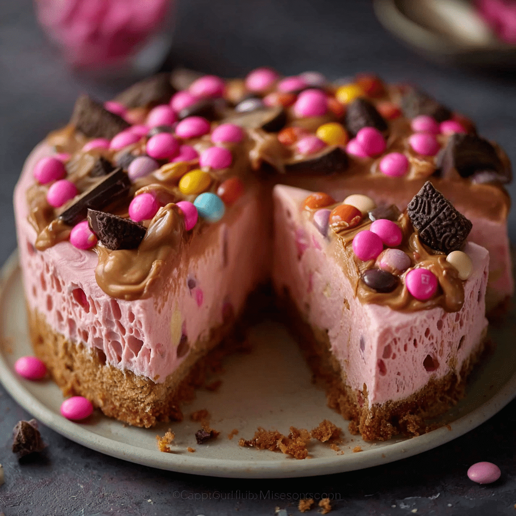 Pink M&M Snickers Cheesecake