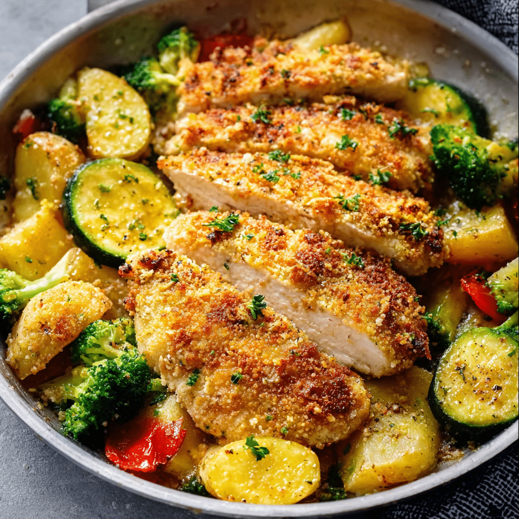One Pan Crispy Parmesan Garlic Chicken with Vegetables